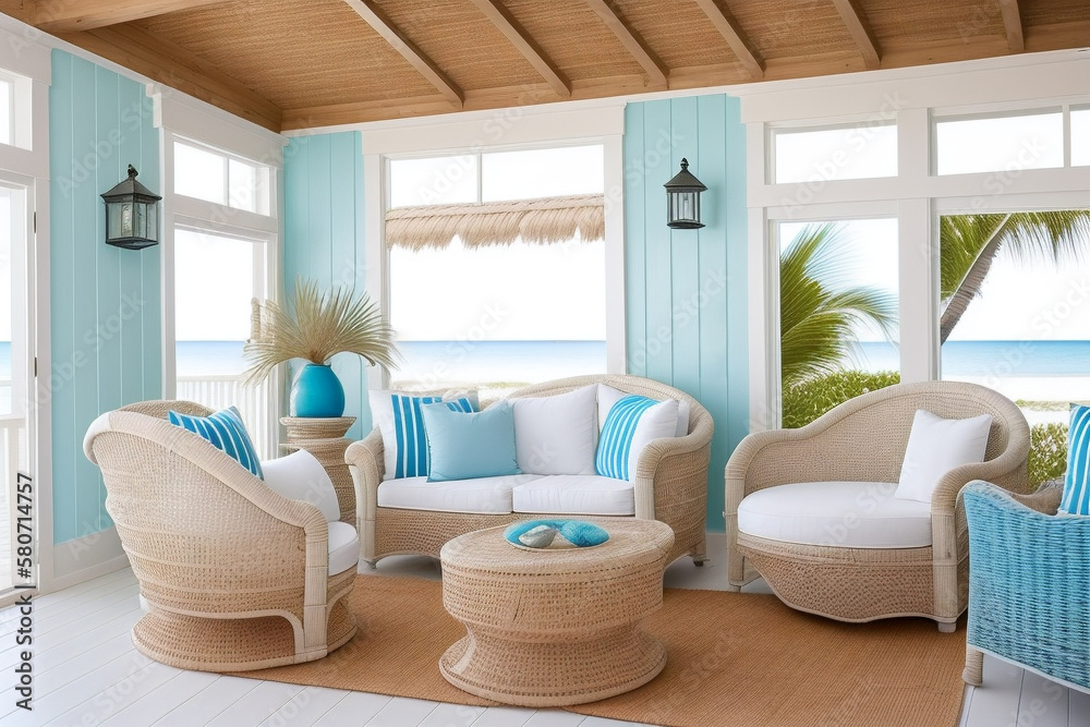 Living room with couch, chairs and table, view of the ocean. Furniture ...