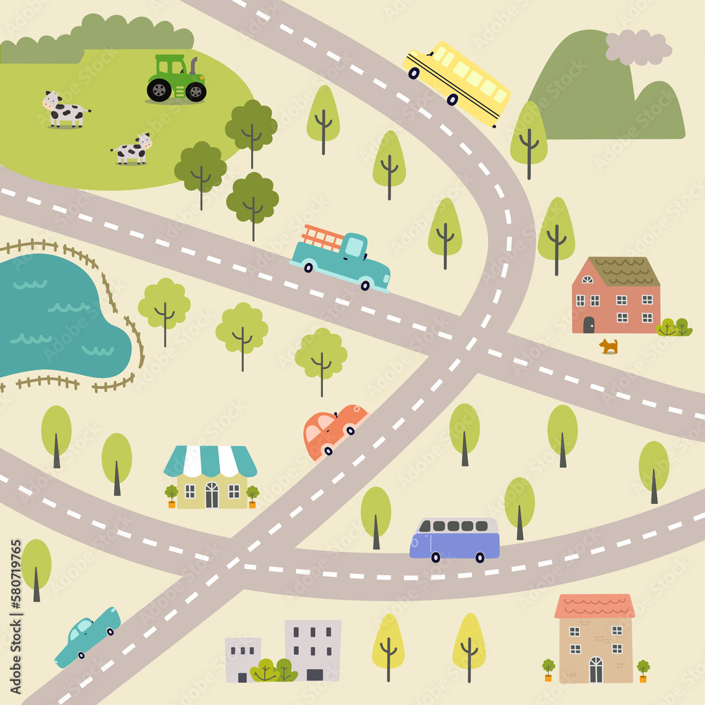 Cute village map with houses, trees and cars. Hand drawn illustration ...