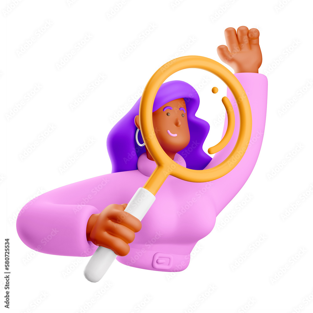 3d illustration. Cartoon girl 3d character with magnifier. Business ...