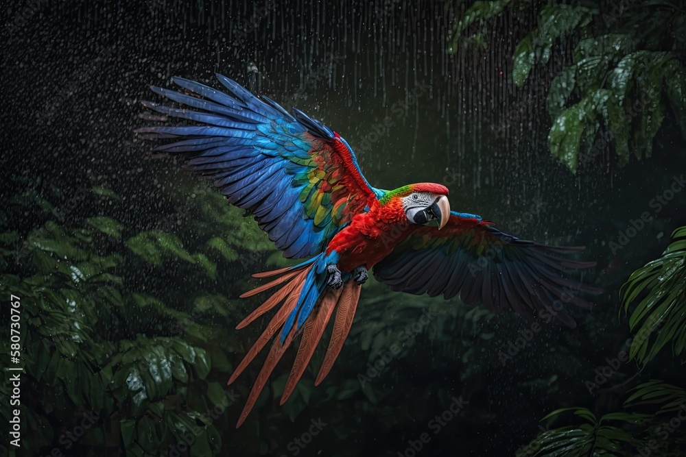 A red and blue macaw parrot flies through dark green plants as rain ...