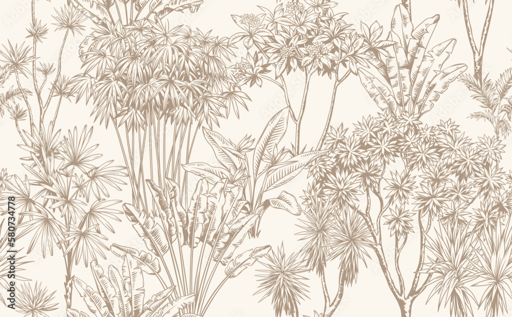 Vintage seamless pattern with tropical trees. Monochrome botanical ...