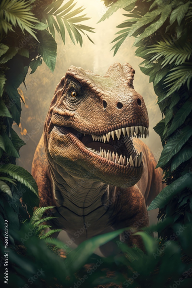 Tyrannosaurus rex roaring over frame of leaves and forest, created ...