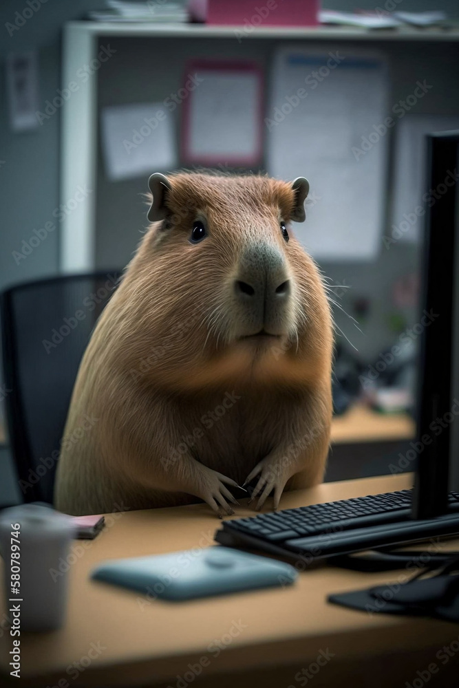 Capybara works at the computer in the office like an office worker. AI ...