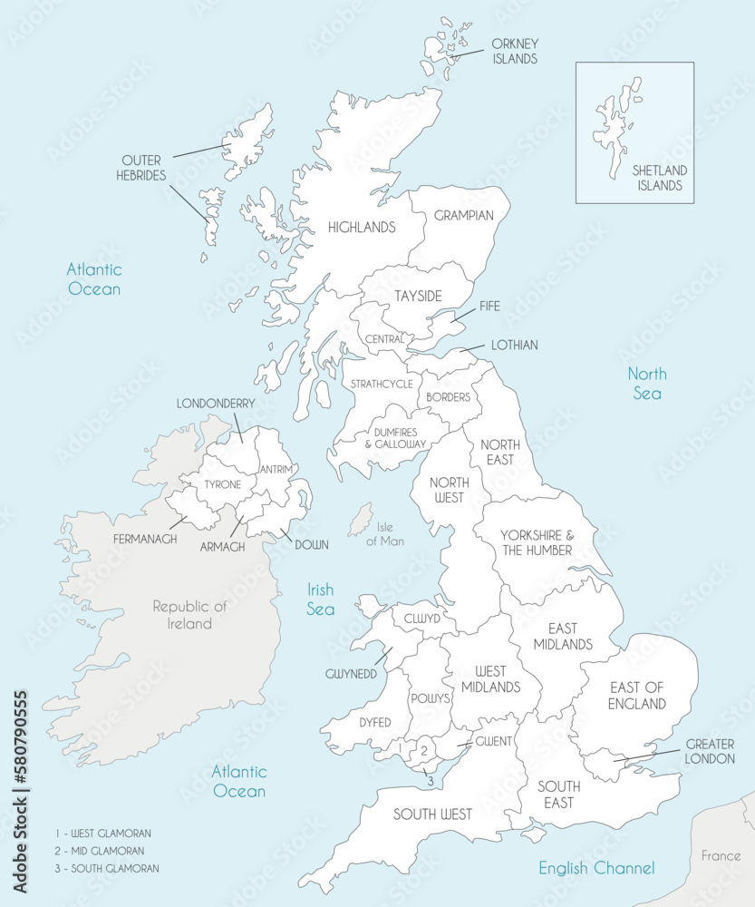 Vector map of UK with administrative divisions, and neighbouring ...