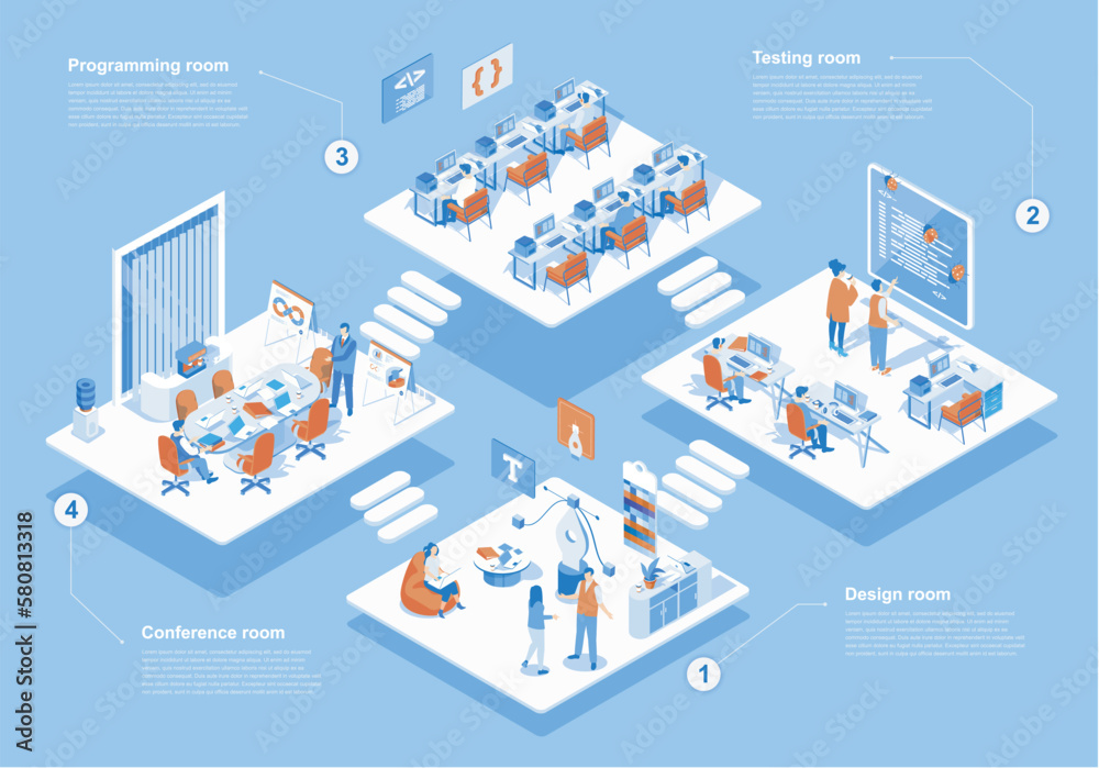 Development company concept 3d isometric web scene with infographic. People work at different ...