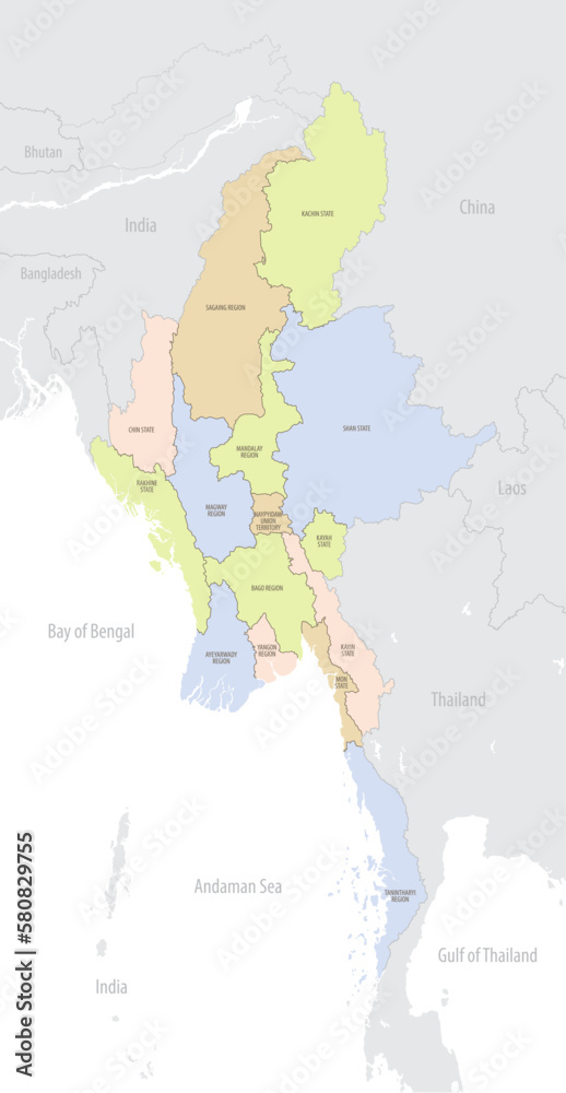 Detailed map of Myanmar with administrative divisions and borders of ...