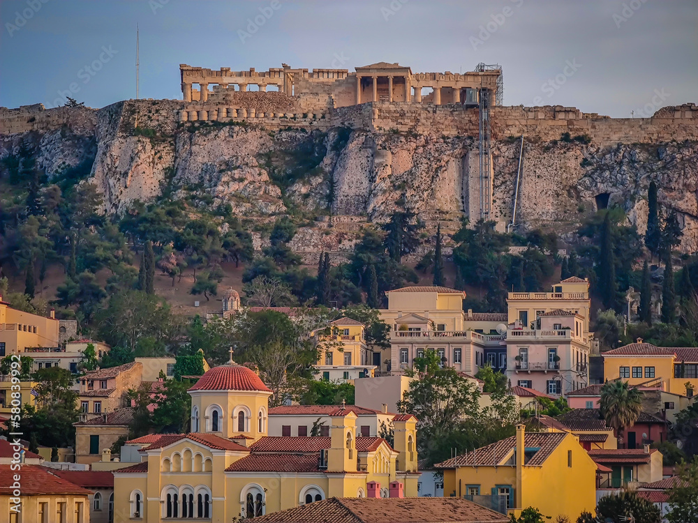 The Acropolis of Athens in Greece. Zoomed panoramic view with the Parthenon Temple on top of the ...