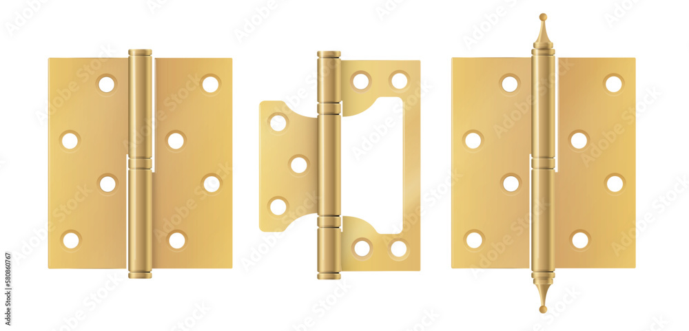 Golden door hinges construction hardware. Realistic set of gold tools ...