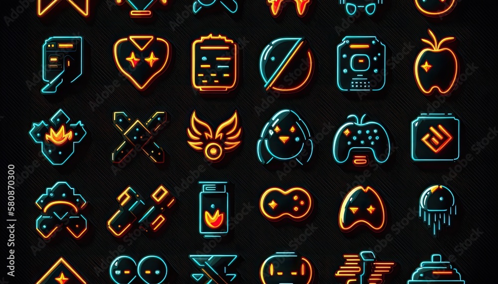 A set of retro arcade game icons and symbols, in a bold and vibrant ...