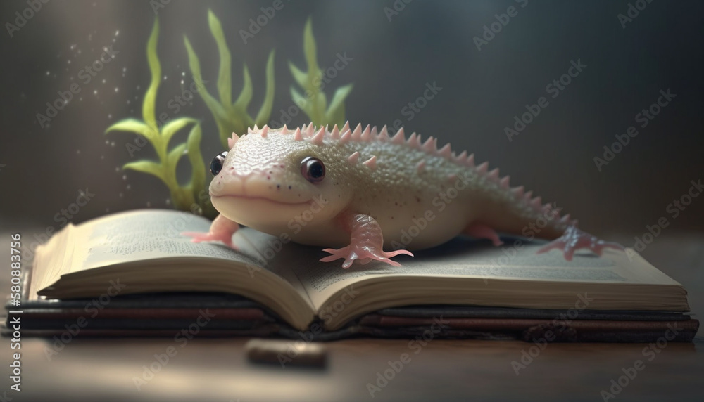 Cute Axolotl Reading a Book Generative Art Stock Illustration | Adobe Stock