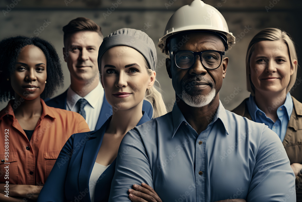 A group portrait of a diverse factory workforce, people of all races ...