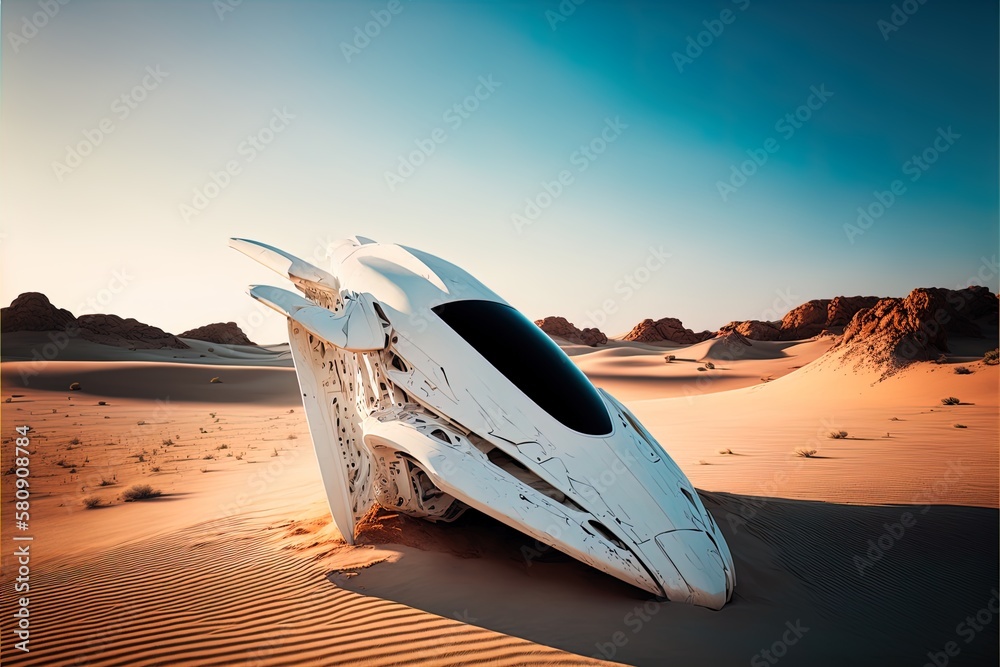 Ilustrace Space ship crashed in the desert of an unknown planet in 8K ...