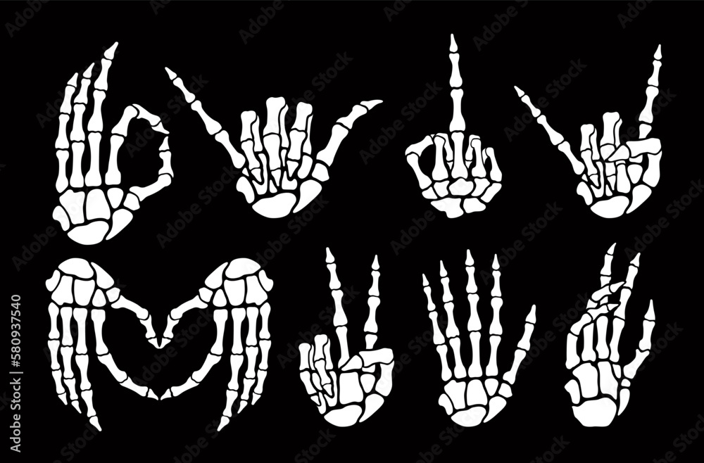 Skeleton bone hand different gesture monochrome set vector flat ...