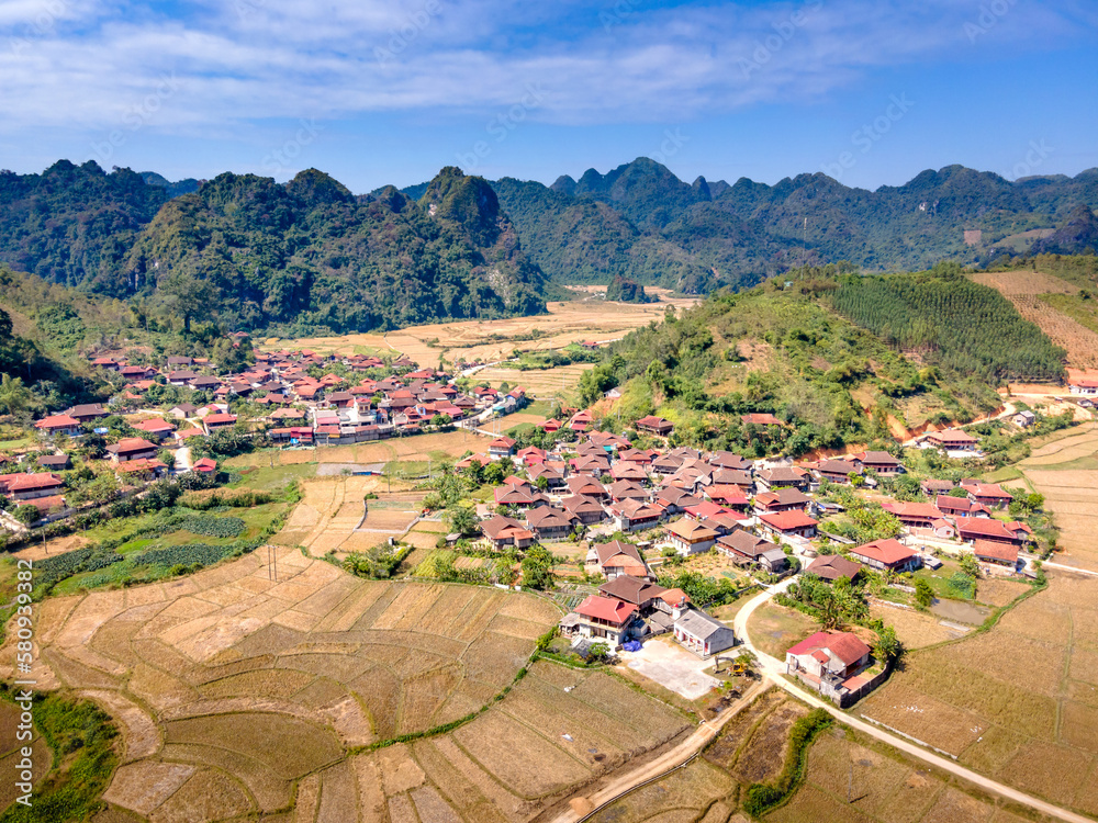 Panoramic view of Bac Son valley during the ripe rice season. View from ...