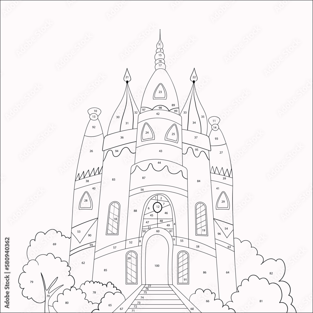 Coloring page for kids with castle, palace. Color by numbers. Coloring ...