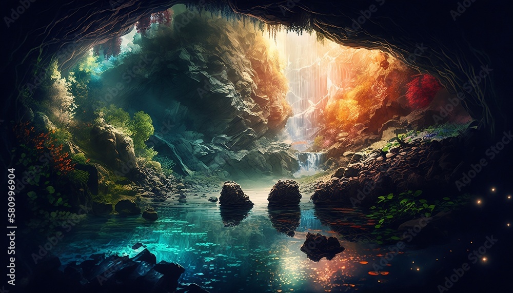 Colorful crystal cave inside the mountain. Waterfalls are falling in ...