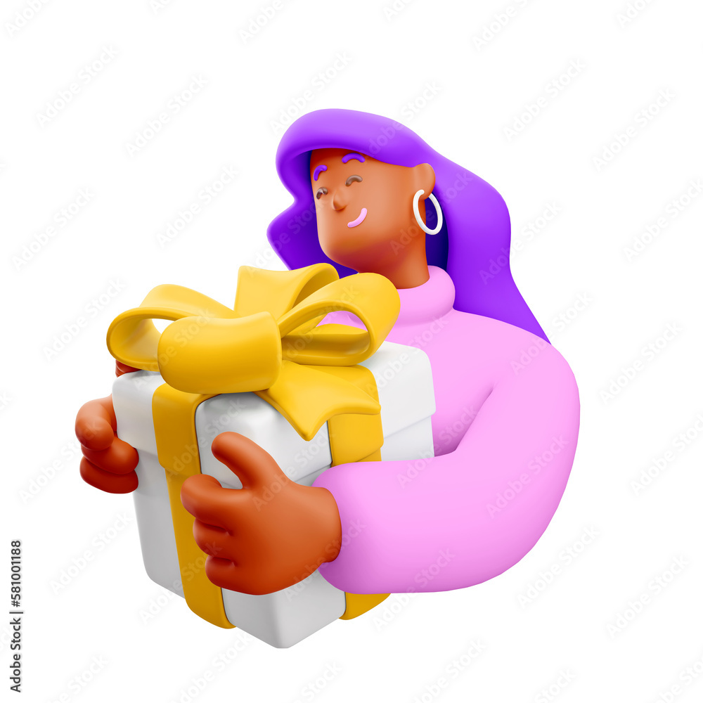 3d illustration. Cartoon girl 3d character with a gift box. Stock ...