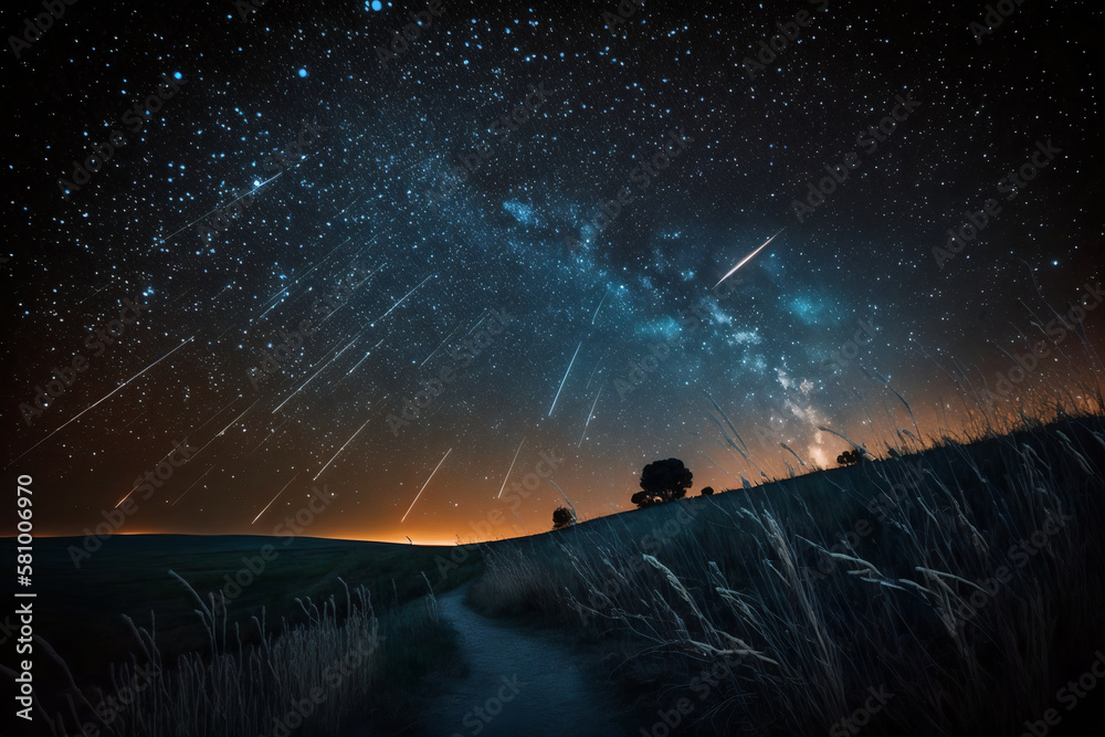 starry night sky, with shooting stars leaving trails of sparkling light ...