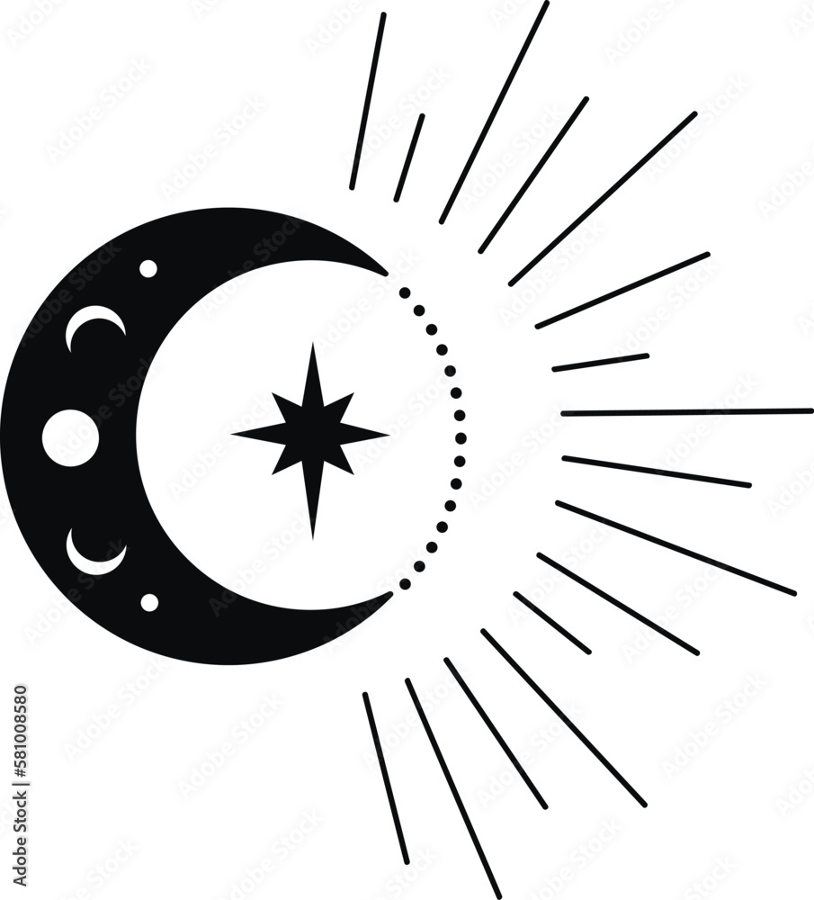 Bohemian Crescent Moon with Stars and Rays Astrology Illustration. Moon ...