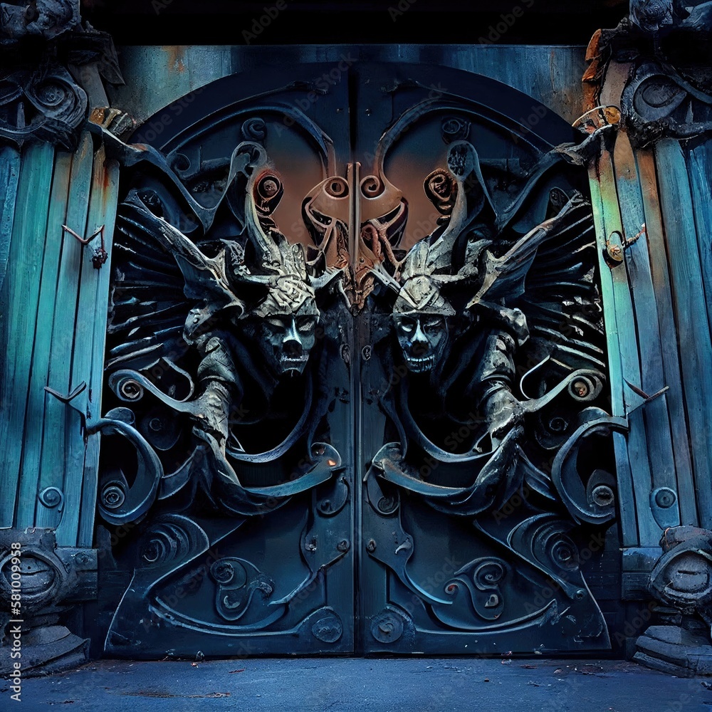 Ilustración de Stock huge steel doors protecting against demons at ...