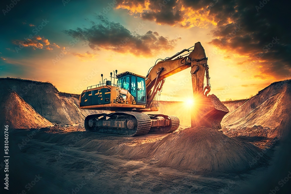 excavator earthmoving at coal open pit on sunset background, recycling ...