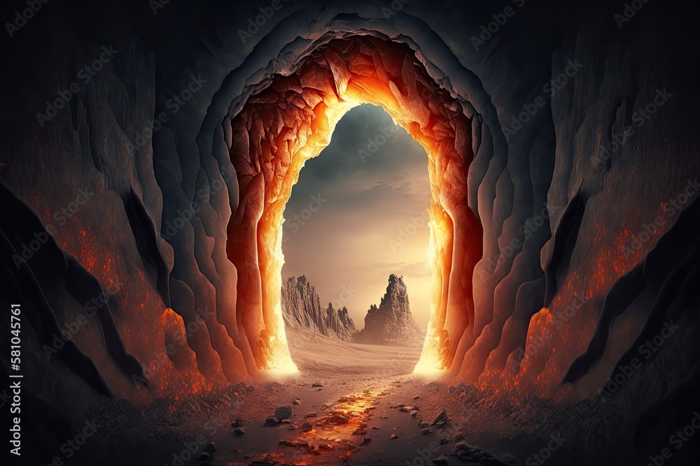 gate to hell opening in stone fissure that leads into burning abyss ...
