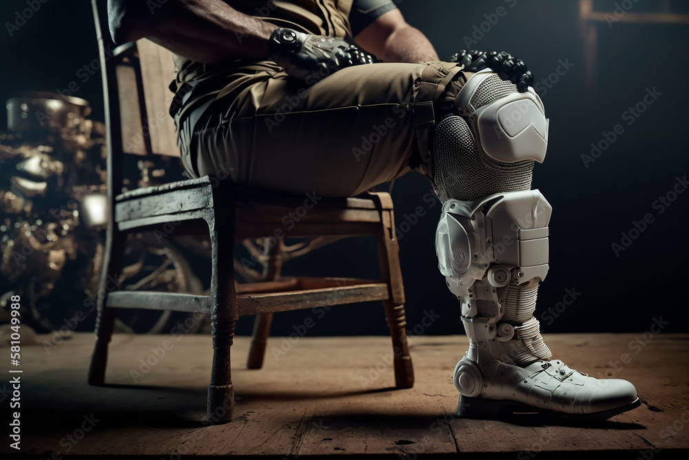 A man in military uniform with a prosthetic leg sits on a chair, modern ...