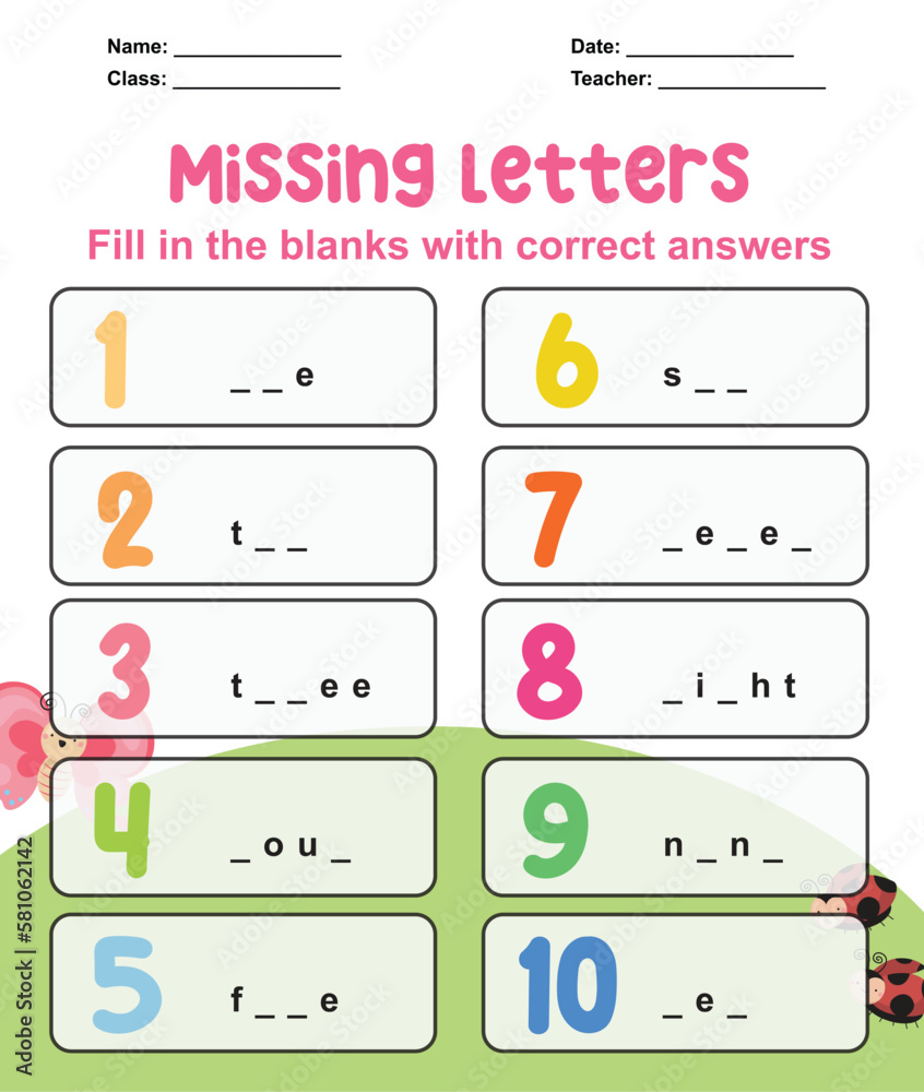 Missing letter worksheet. Complete the letters for number in English ...