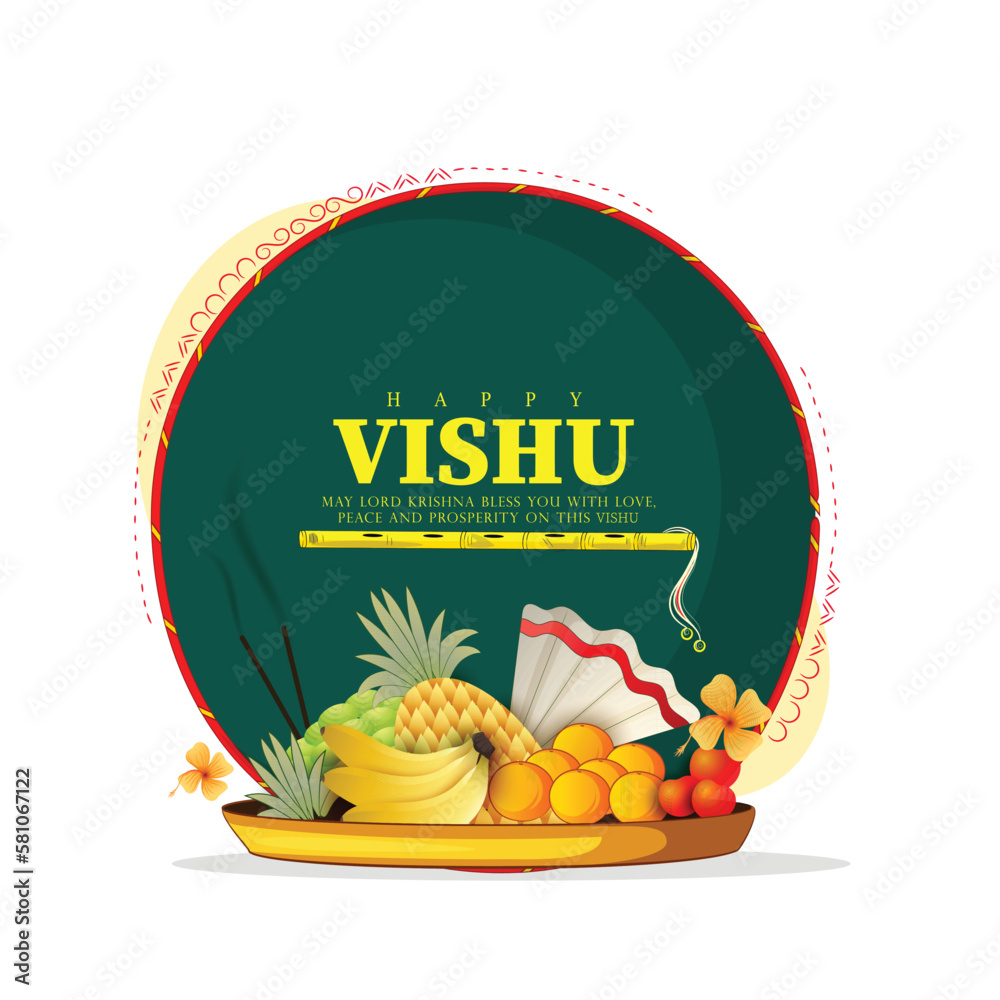 Greeting poster of vishu festival with traditional vessel uruli and ...