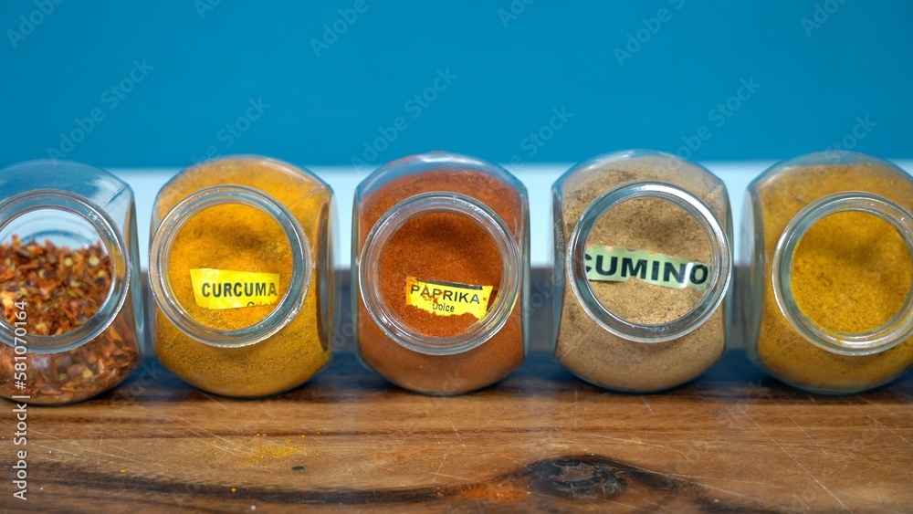 Spices for cooking - Cumin, paprika, curry, turmeric, chilli pepper ...