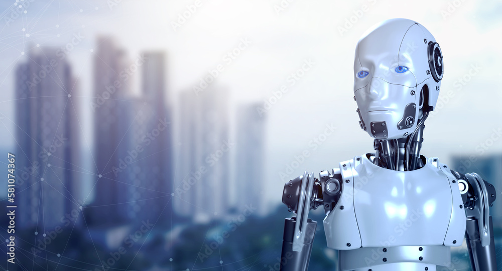 Foto 3d rendering of human robot cyborg portraits on blurred capital ...