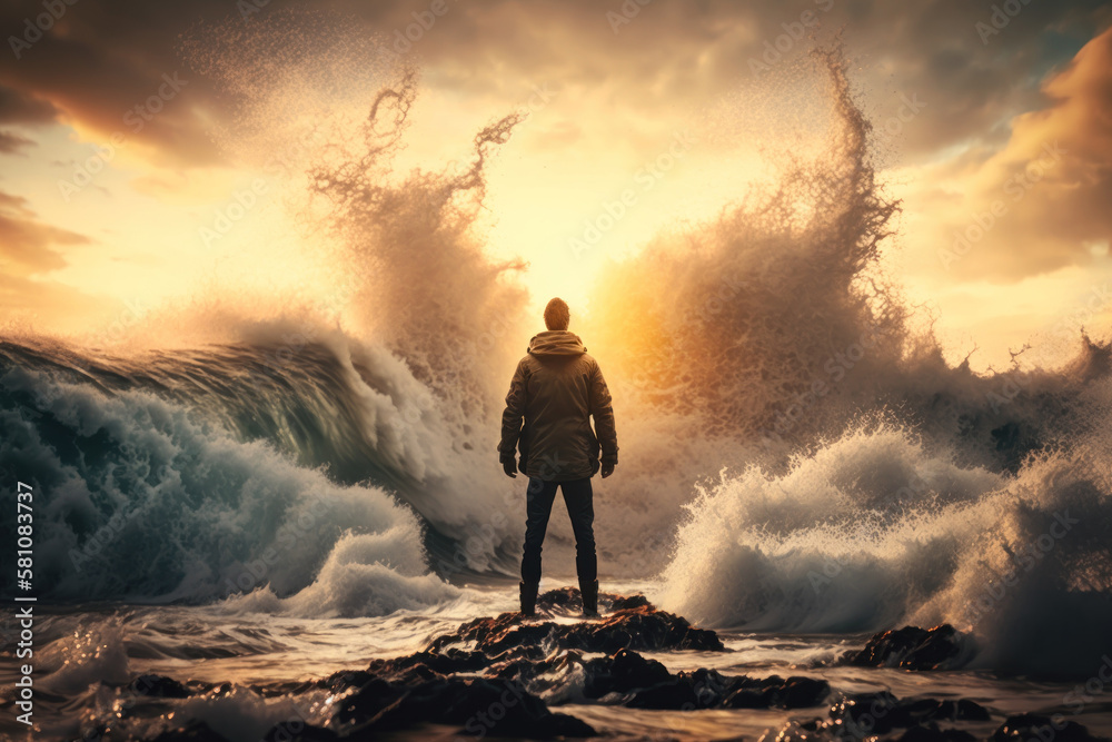Man standing front of big strom wave on sunset sky abstract background ...