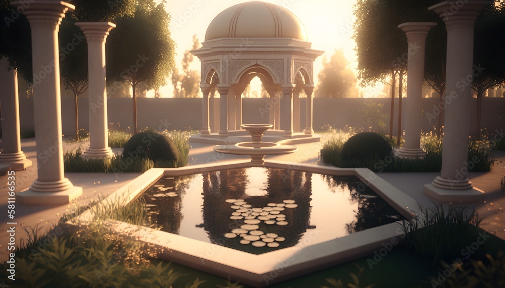 Ornate and peaceful Islamic Persian garden viewed at Golden Hour ...