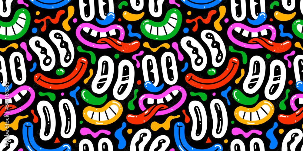 Colorful retro cartoon faces seamless pattern illustration. Funny ...