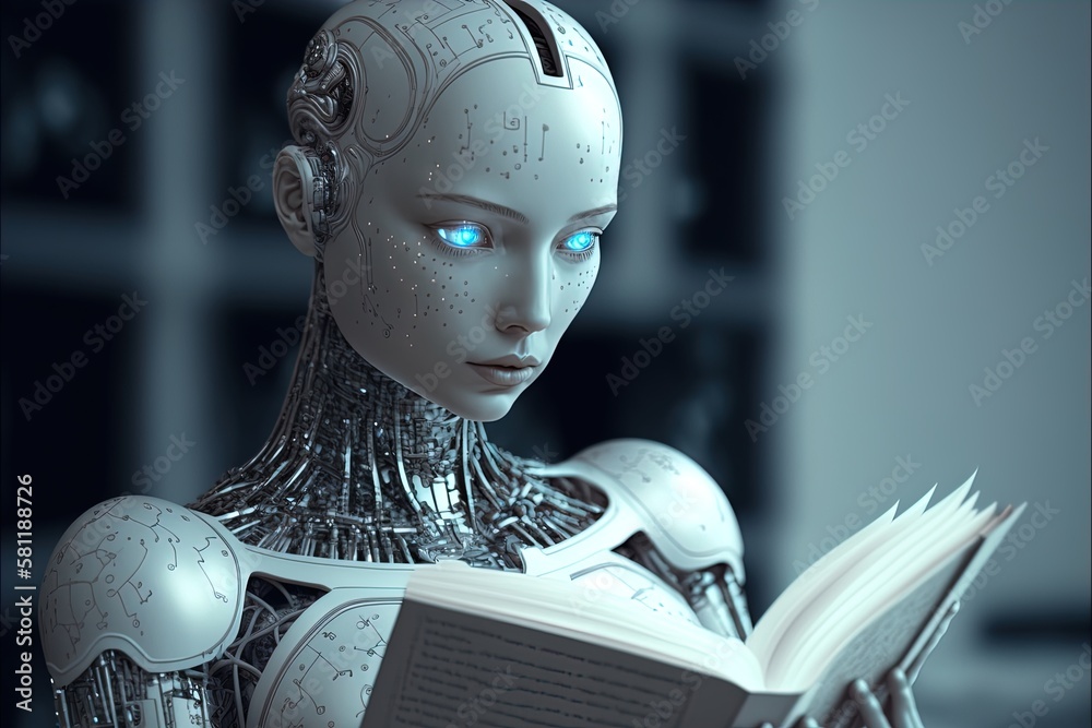 AI Android robot reads a book, Machine learning concept in 8K created with generative ai ...
