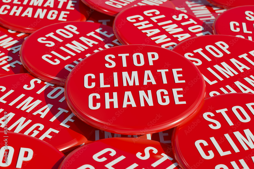 Stop Climate Change badge. Red badges laying on the table with the ...