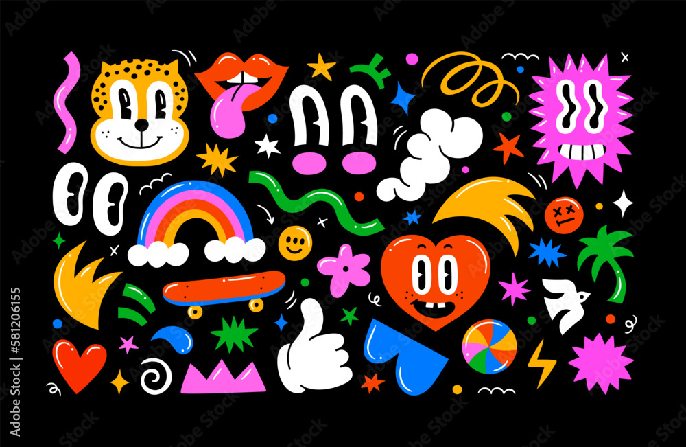 Colorful retro cartoon doodle illustration set. Vintage style eye and ...
