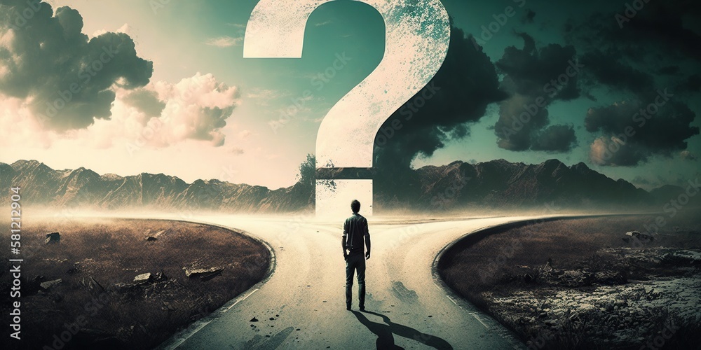 large question mark looming over person standing at crossroads ...