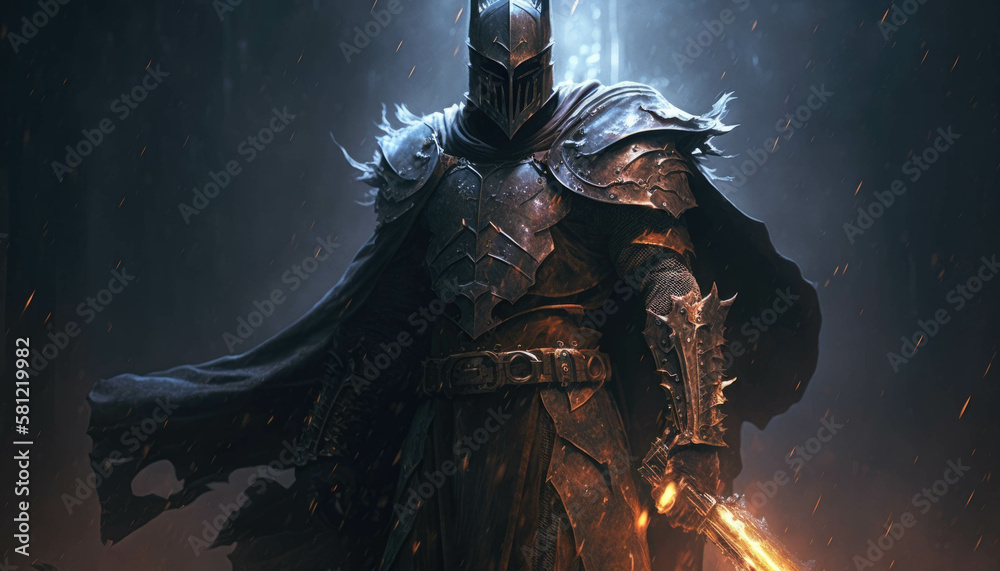 An evil knight cloaked in a thick dark armor brings his sword downward ...