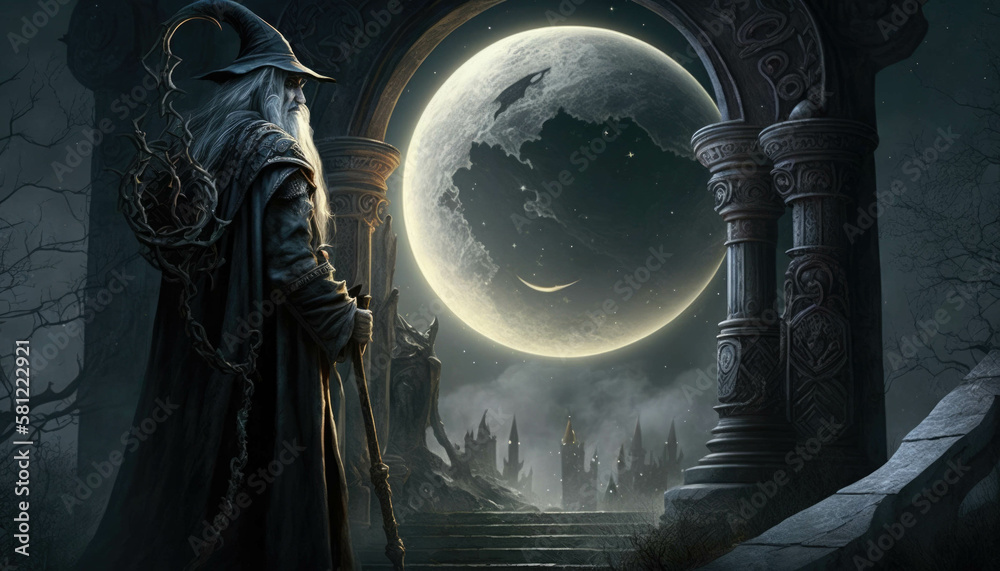 Beneath a crescent moon the wizard’s commanding presence surges with a ...