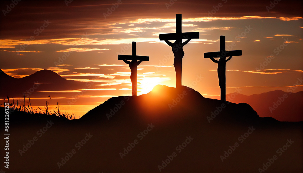 Stock-Illustration „Three wooden crosses stand on a hill at sunset ...