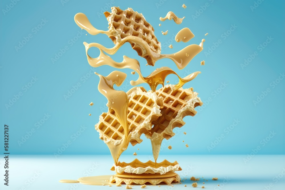Flying waffles and butter getting dripped with maple syrup over a light ...