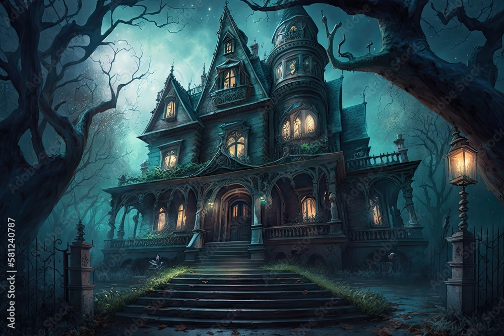 spooky horror house with crooked steps and glowing windows in image of ...