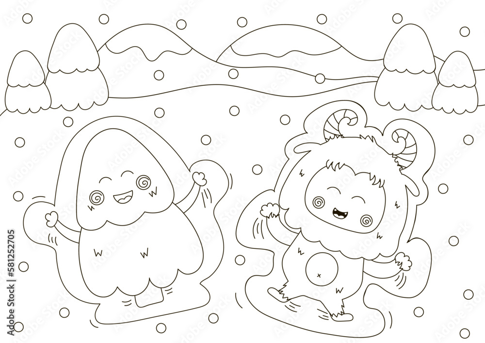 Funny coloring page with cute Yeti and christmas tree characters making ...