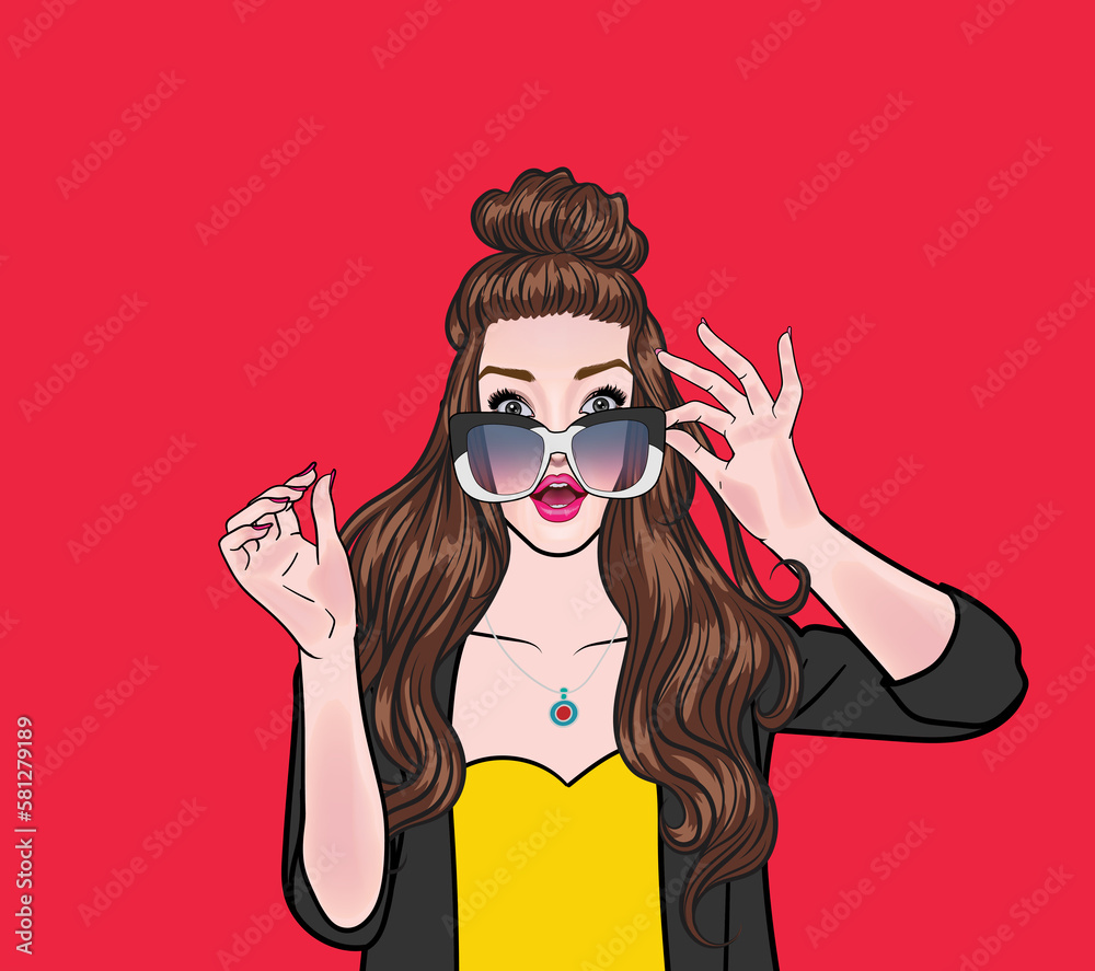 Surprised Pop Art Girl In Hipster Glasses Advertising Poster Or Party