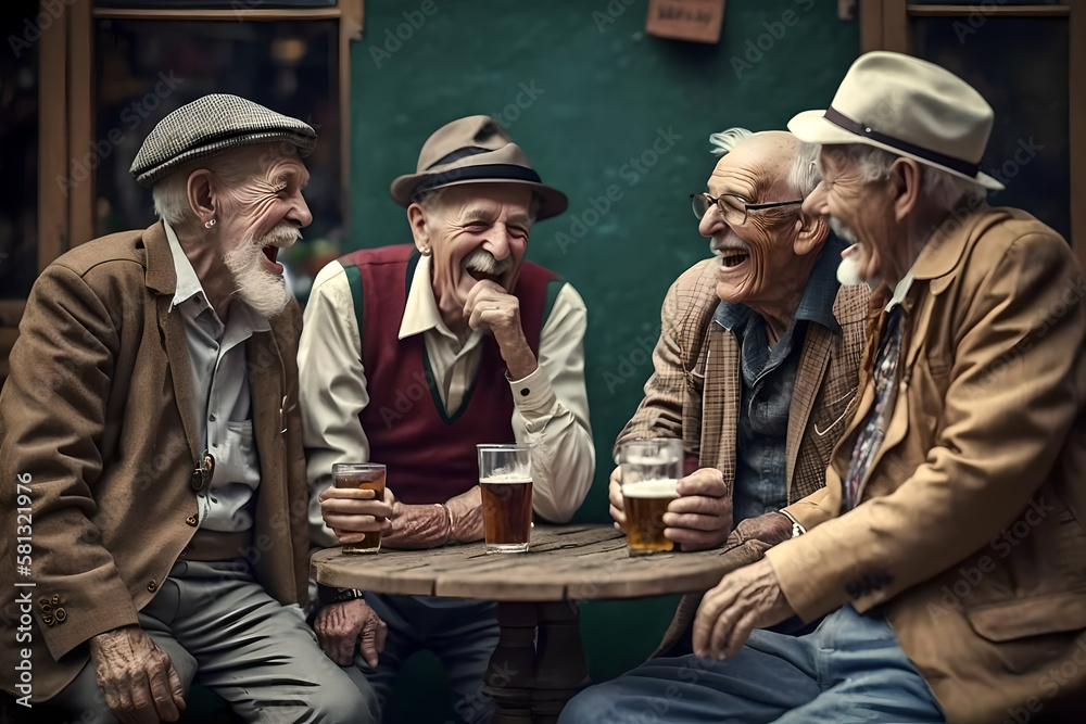 a group of elderly senior men best friends sitting together having a ...