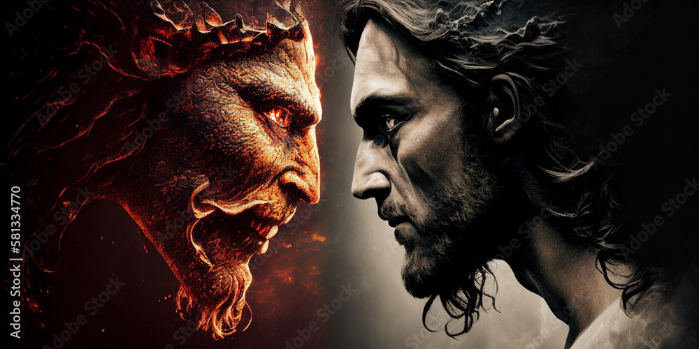 Jesus Christ face to face with lucifer the devil created with Generative AI Stock Illustration ...
