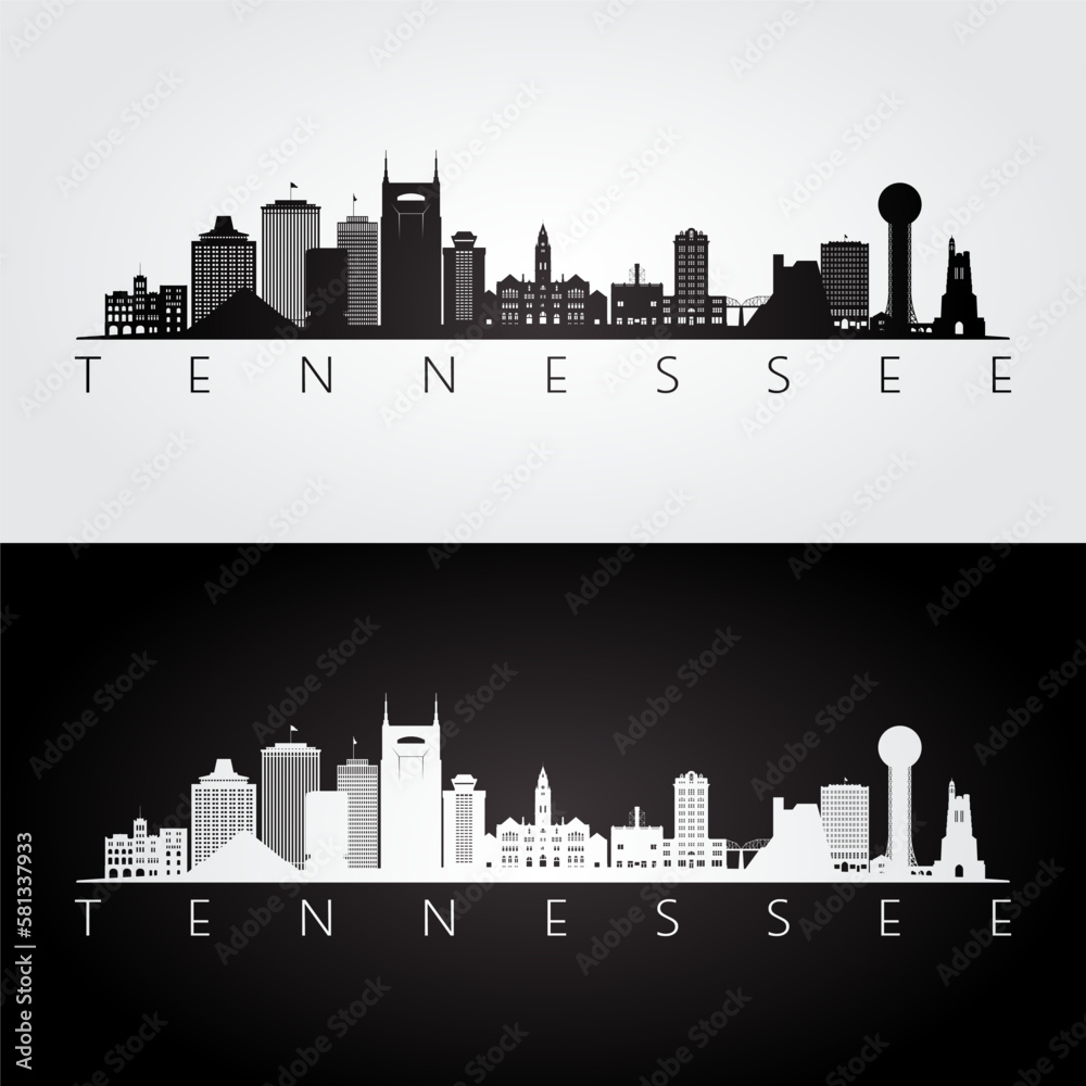 Tennessee state skyline and landmarks silhouette, black and white ...