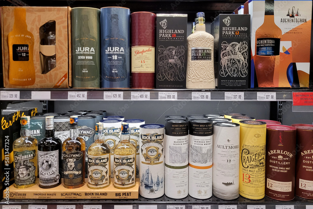 Penang, Malaysia - 15 Mar 2023: Various choice imported Whiskey display ...