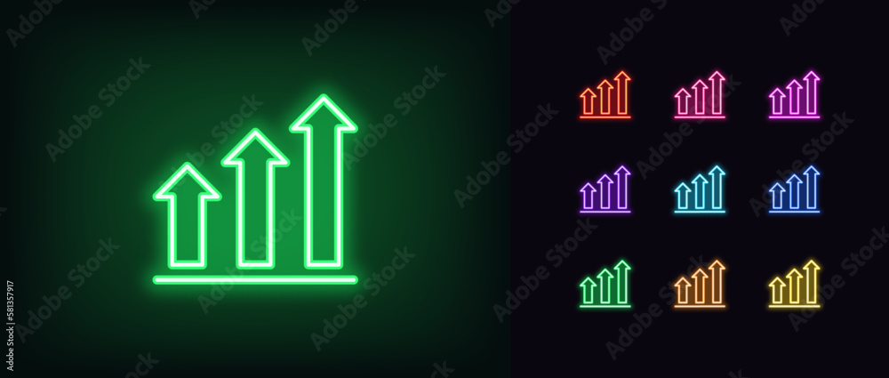Vector de Stock Outline neon growth arrow bars icon set. Glowing neon ...